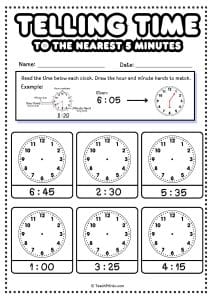 Free Telling Time to Five Minutes Worksheets - Teach Prints
