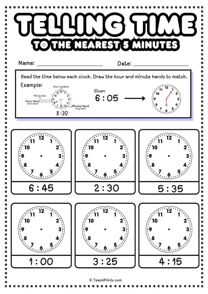 Free Telling Time to Five Minutes Worksheets - Teach Prints
