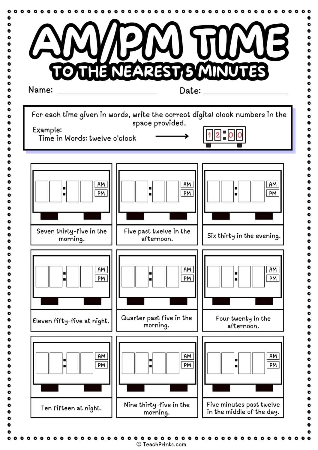 Free Telling Time to Five Minutes Worksheets - Teach Prints