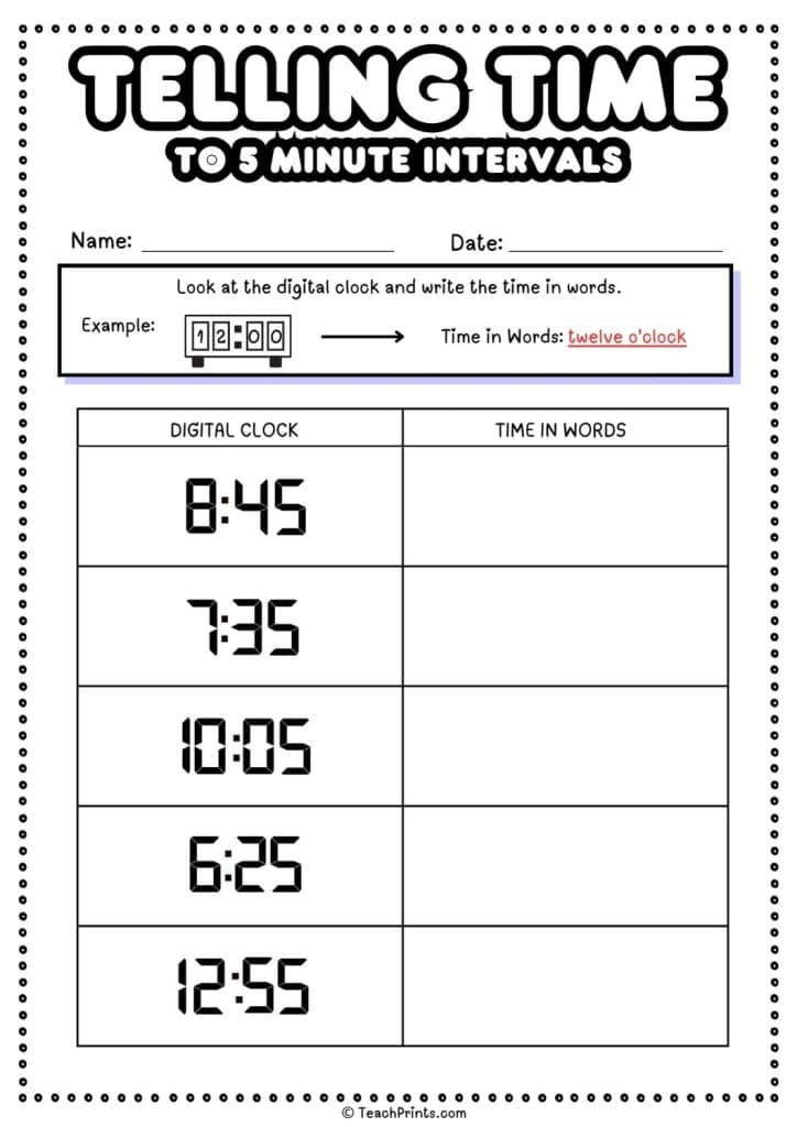Free Telling Time to Five Minutes Worksheets - Teach Prints