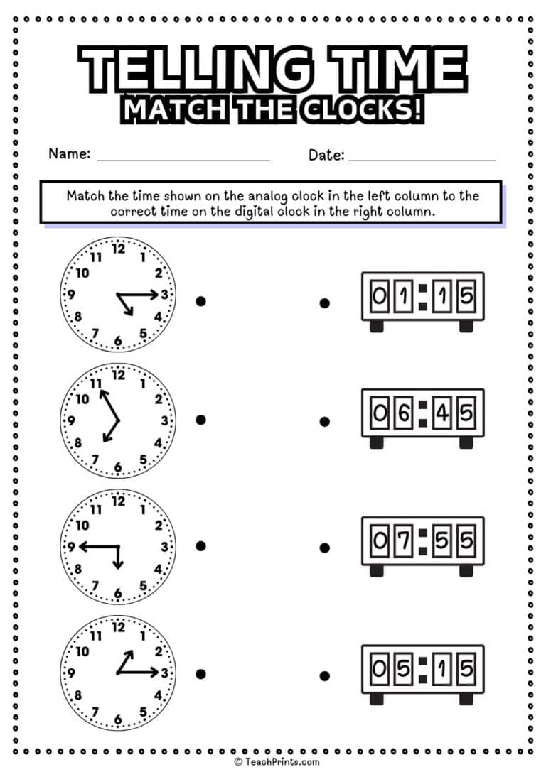 Free Telling Time to Five Minutes Worksheets - Teach Prints