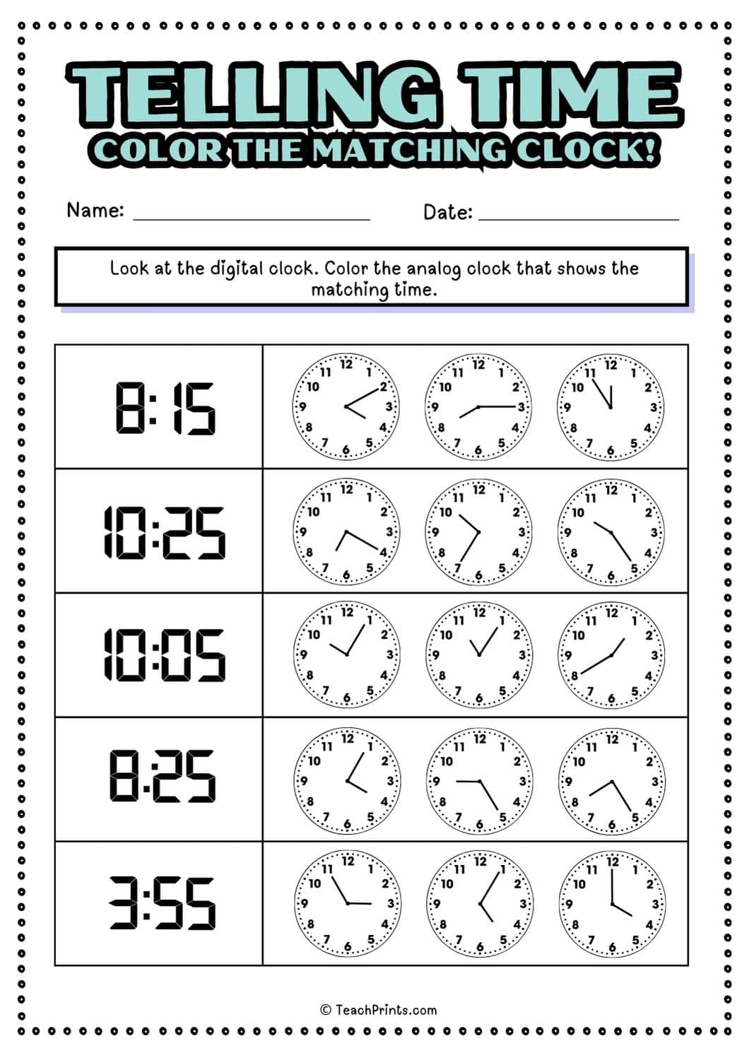 Free Telling Time to Five Minutes Worksheets - Teach Prints