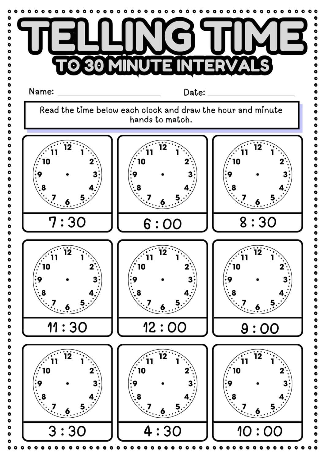 Free Telling Time to the Half Hour Worksheets - Teach Prints