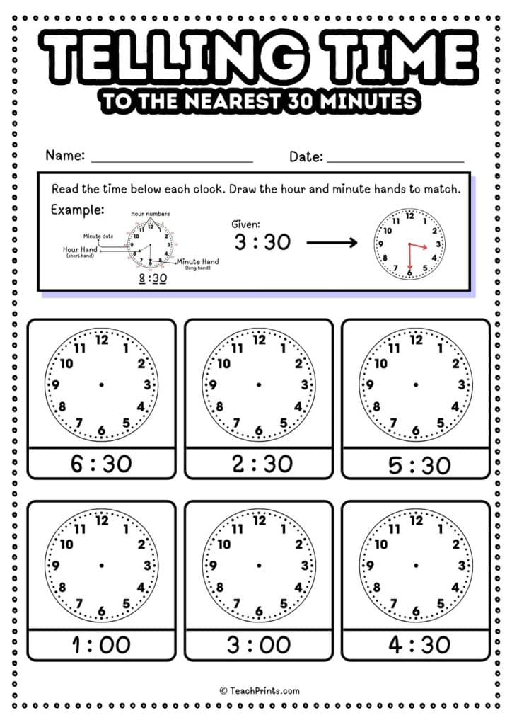 Free Telling Time to the Half Hour Worksheets - Teach Prints