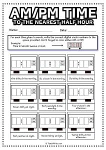 Free Telling Time to the Half Hour Worksheets - Teach Prints