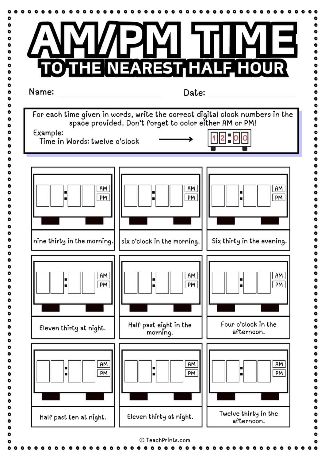 Free Telling Time to the Half Hour Worksheets - Teach Prints