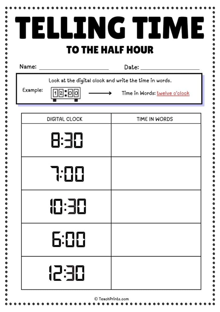 Free Telling Time to the Half Hour Worksheets - Teach Prints