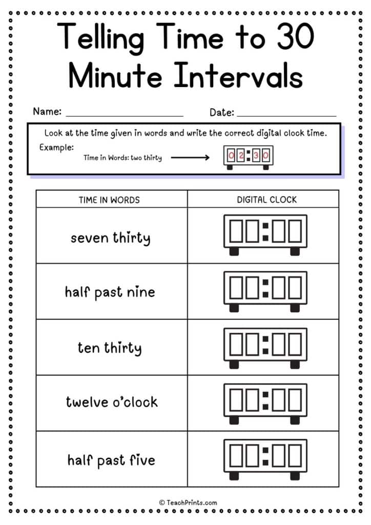 Free Telling Time to the Half Hour Worksheets - Teach Prints