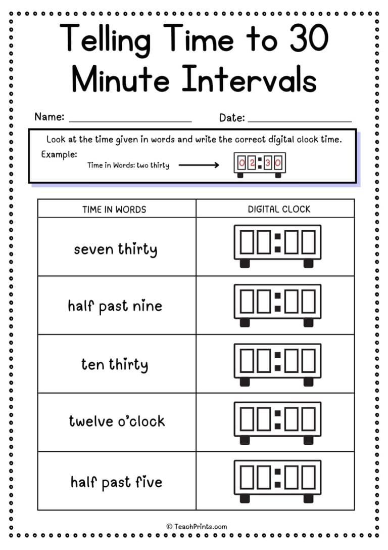 Free Telling Time to the Half Hour Worksheets - Teach Prints
