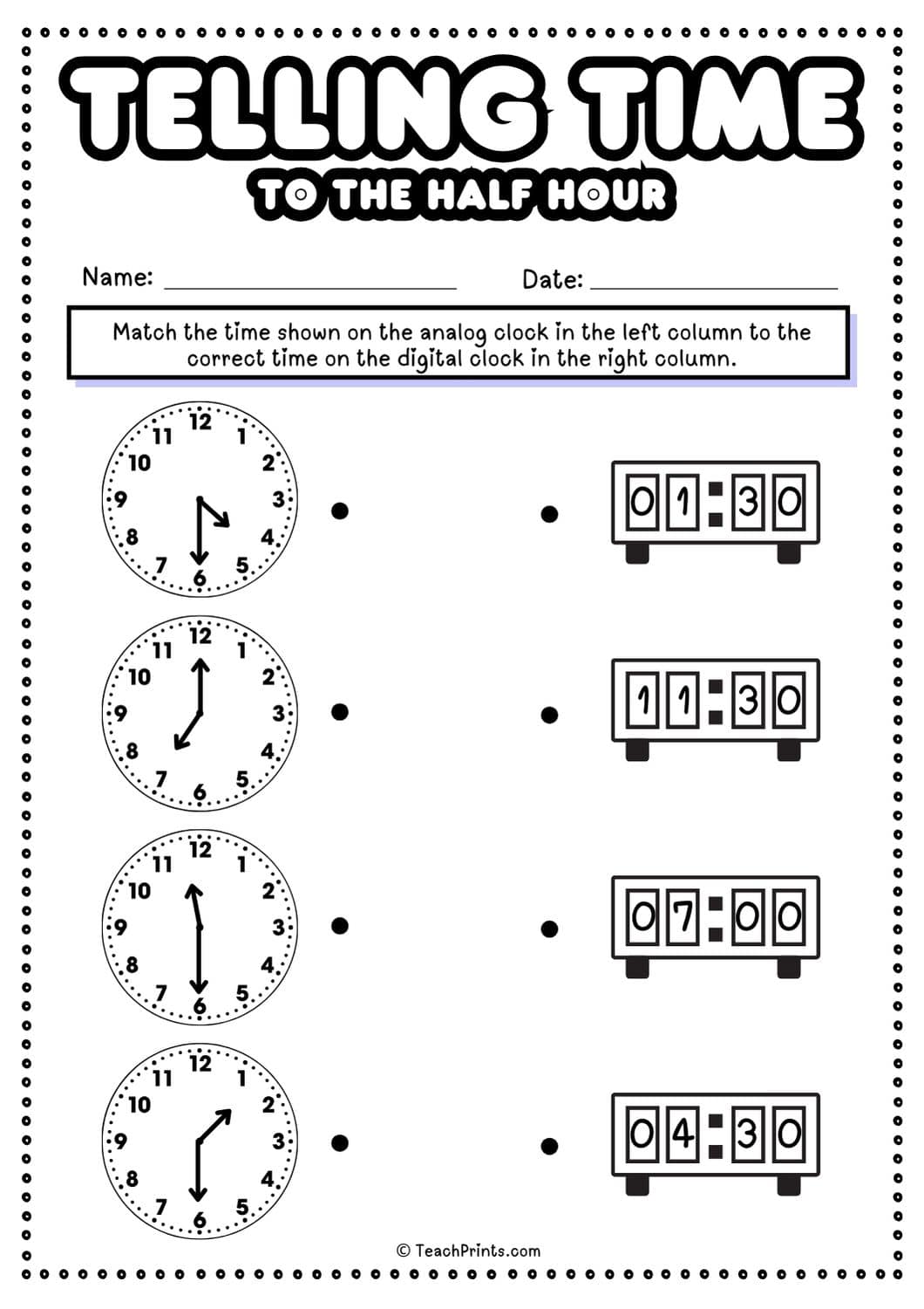 Free Telling Time to the Half Hour Worksheets - Teach Prints