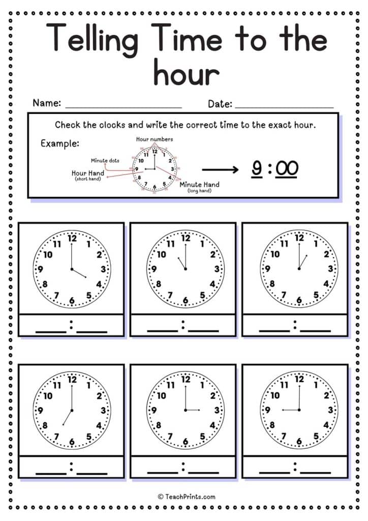 Free Telling Time to the Hour Worksheets - Teach Prints