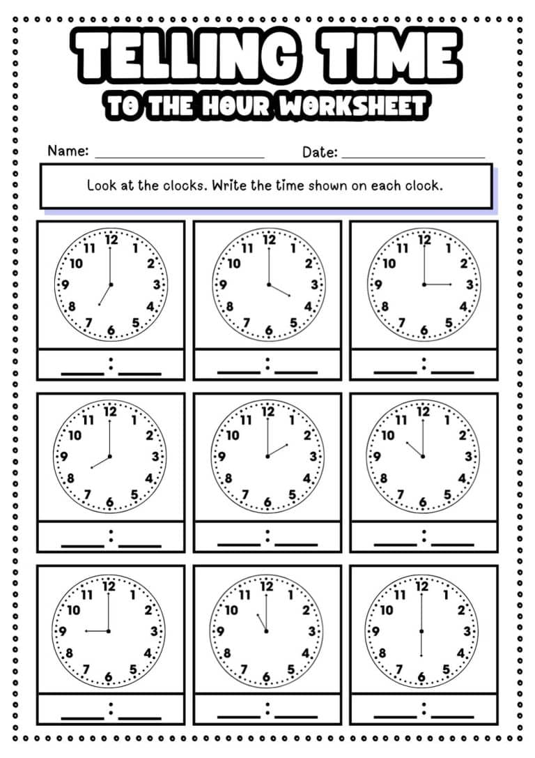Free Telling Time to the Hour Worksheets - Teach Prints