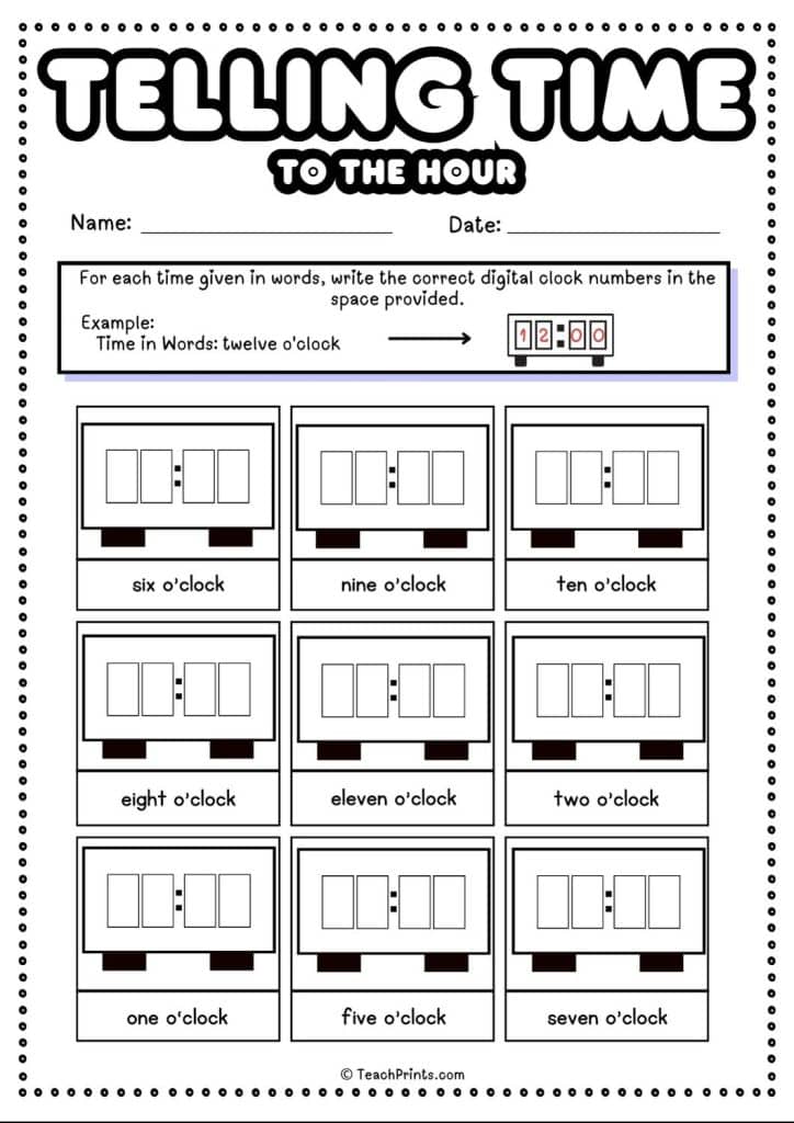 Free Telling Time to the Hour Worksheets - Teach Prints