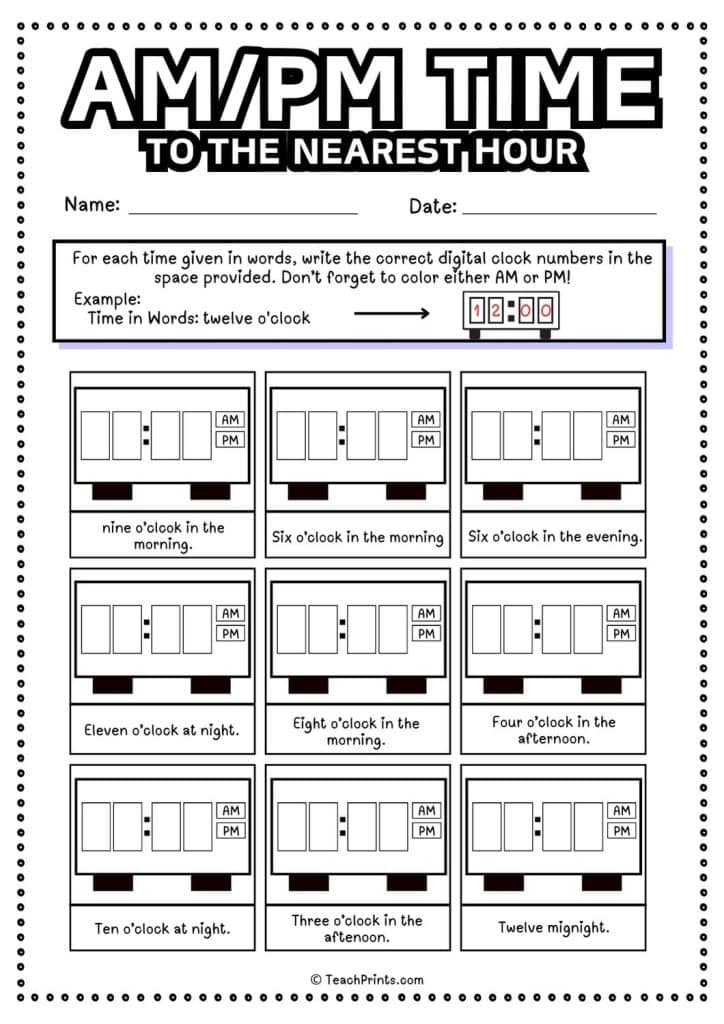 Free Telling Time to the Hour Worksheets - Teach Prints