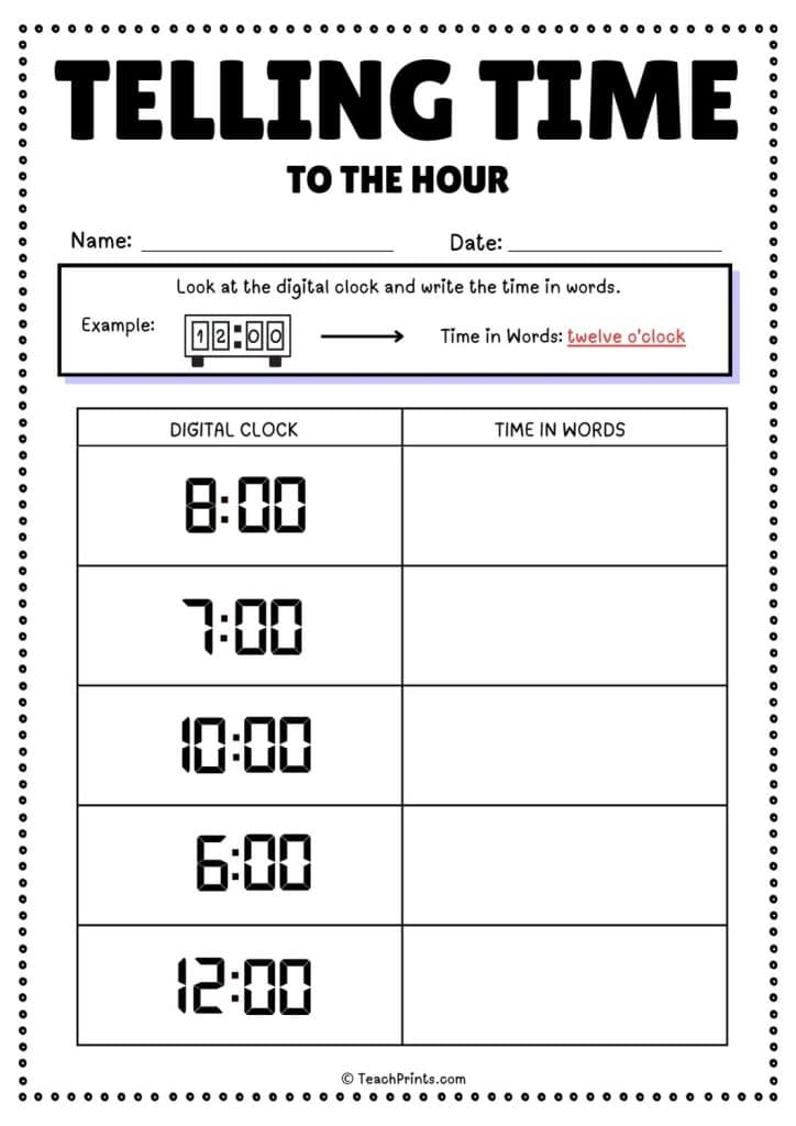 Free Telling Time to the Hour Worksheets - Teach Prints