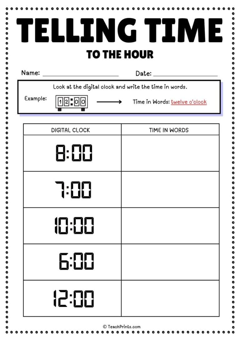 Free Telling Time to the Hour Worksheets - Teach Prints