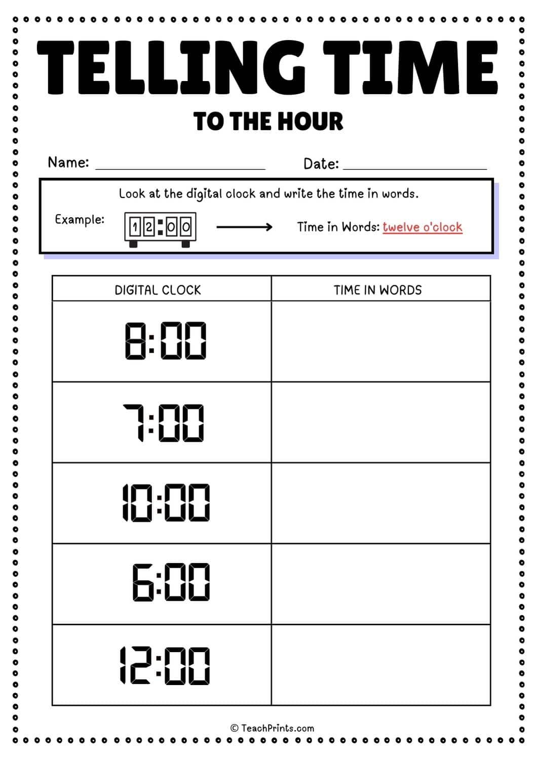 Free Telling Time to the Hour Worksheets - Teach Prints