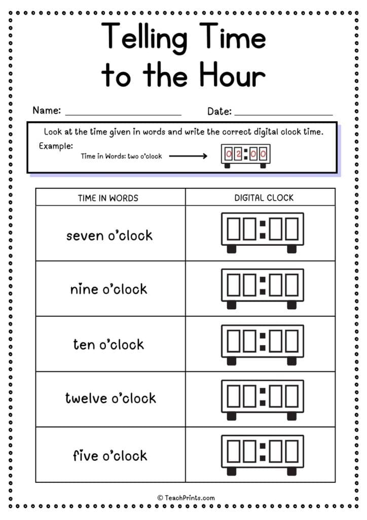 Free Telling Time to the Hour Worksheets - Teach Prints