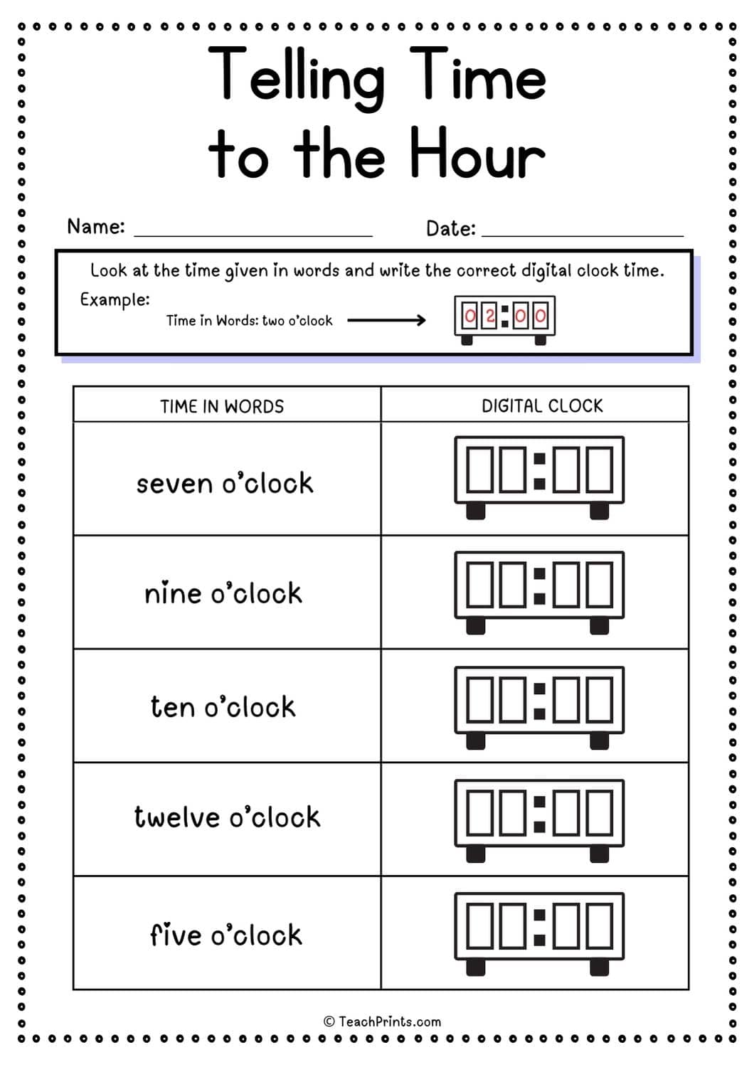 Free Telling Time to the Hour Worksheets - Teach Prints