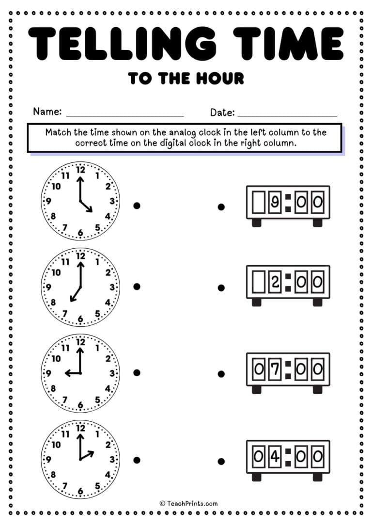 Free Telling Time to the Hour Worksheets - Teach Prints