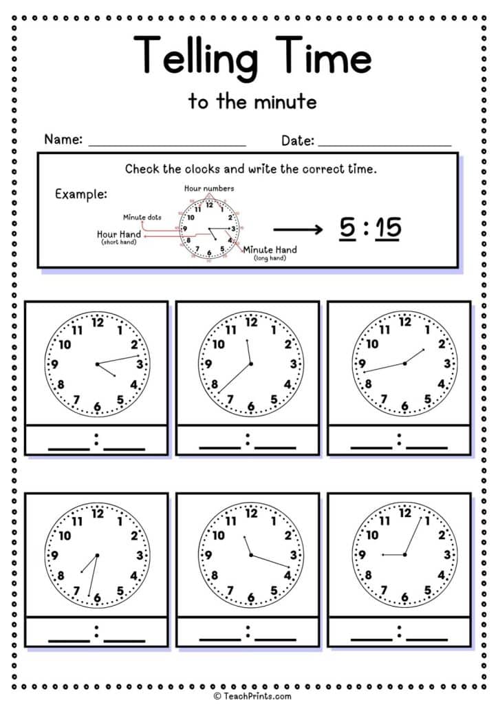 Free Telling Time to the Minute Worksheets - Teach Prints