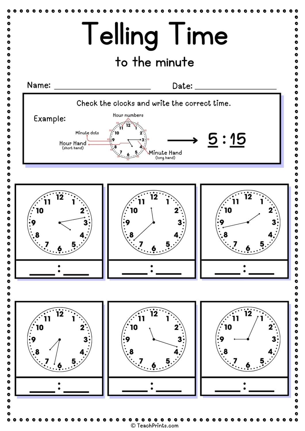Free Telling Time to the Minute Worksheets - Teach Prints