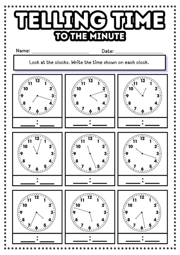 Free Telling Time to the Minute Worksheets - Teach Prints