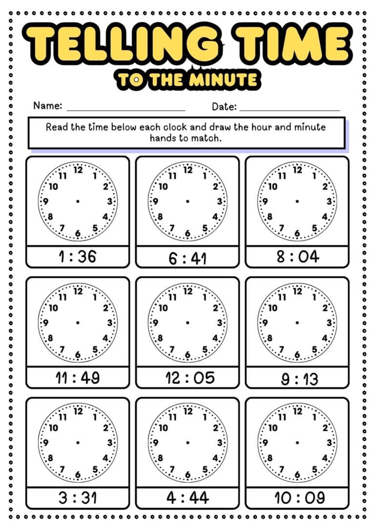 Free Telling Time to the Minute Worksheets - Teach Prints