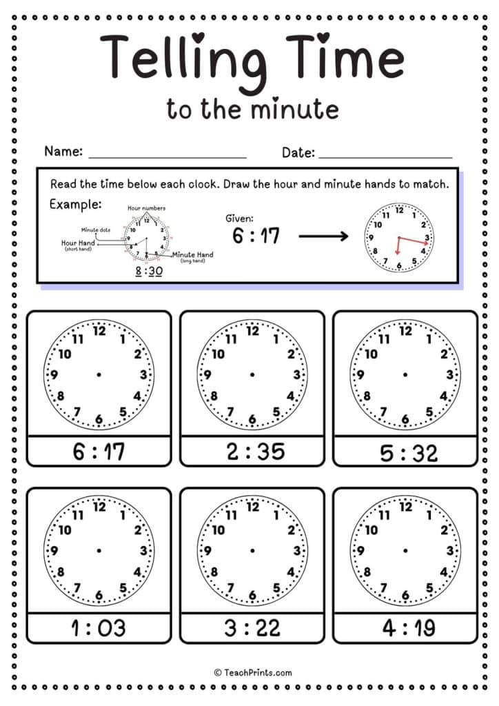 Free Telling Time to the Minute Worksheets - Teach Prints