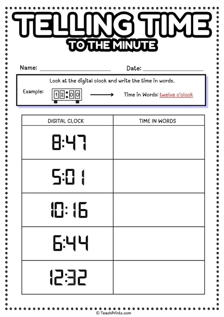 Free Telling Time to the Minute Worksheets - Teach Prints