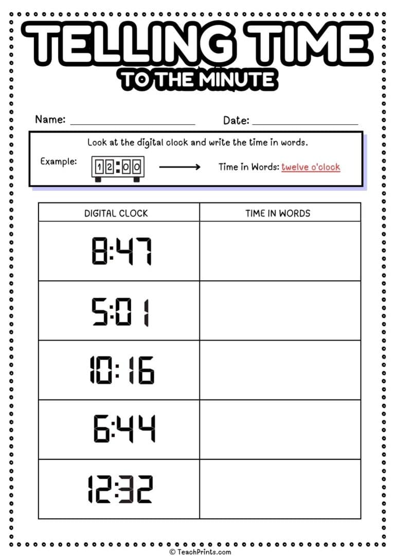 Free Telling Time to the Minute Worksheets - Teach Prints