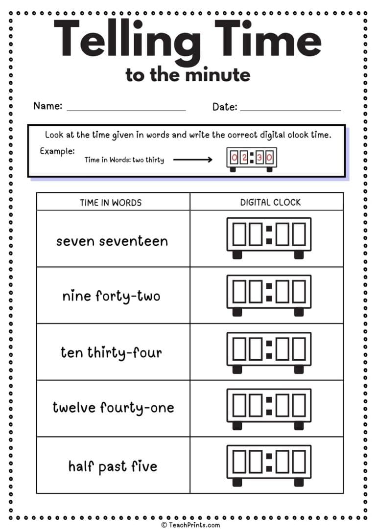 Free Telling Time to the Minute Worksheets - Teach Prints