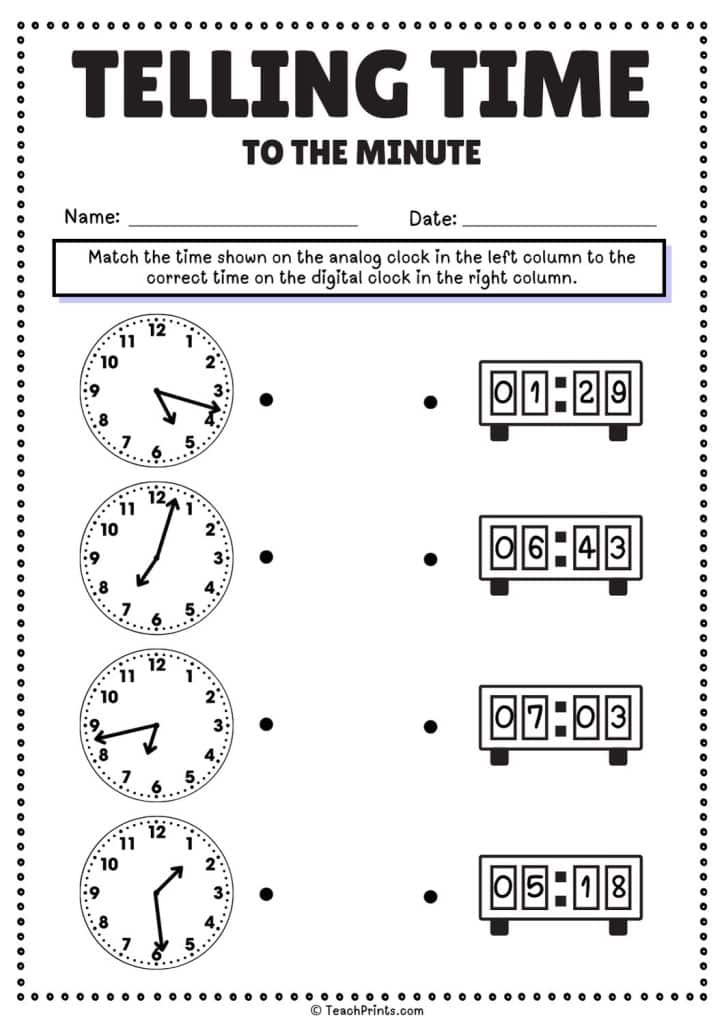 Free Telling Time to the Minute Worksheets - Teach Prints