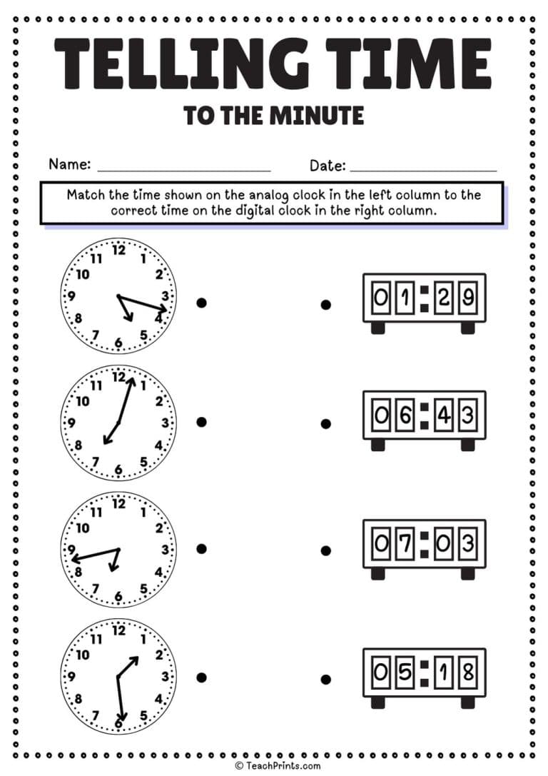 Free Telling Time to the Minute Worksheets - Teach Prints
