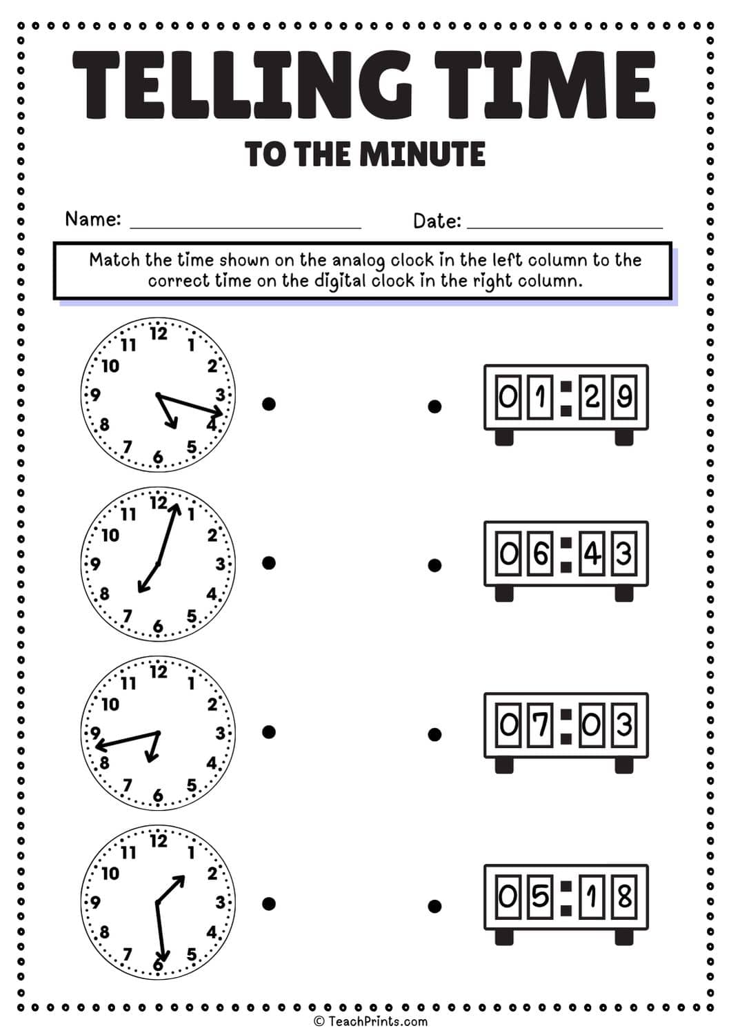 Free Telling Time to the Minute Worksheets - Teach Prints