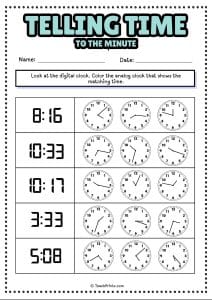 Free Telling Time to the Minute Worksheets - Teach Prints