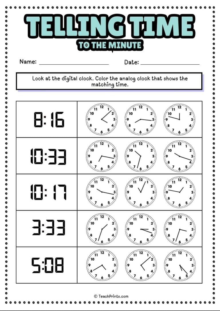 Free Telling Time to the Minute Worksheets - Teach Prints
