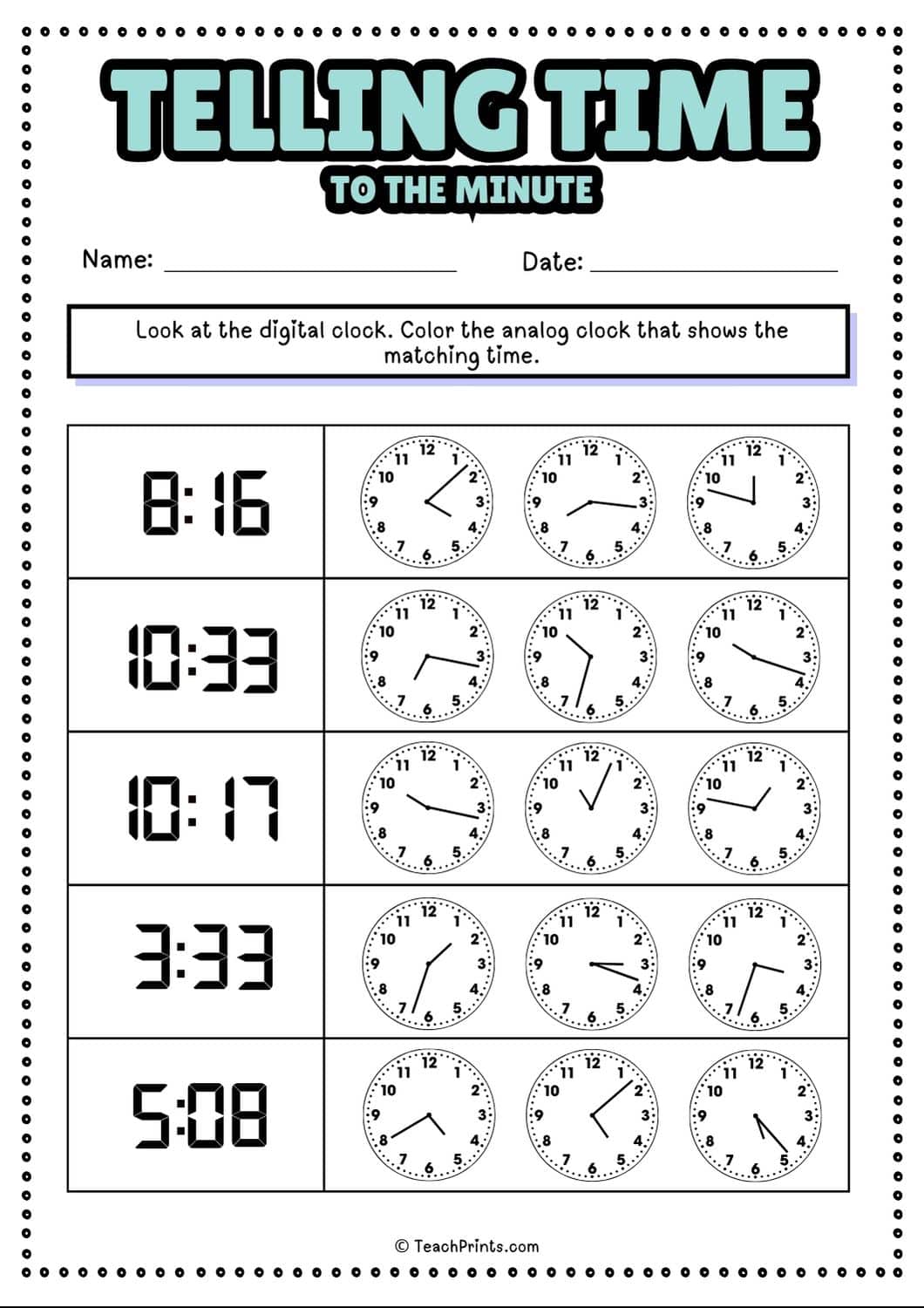 Free Telling Time to the Minute Worksheets - Teach Prints