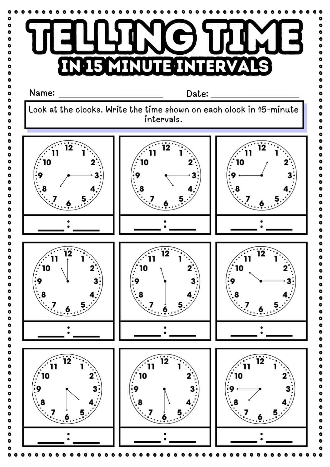 Free Telling Time to the Quarter Hour Worksheets - Teach Prints