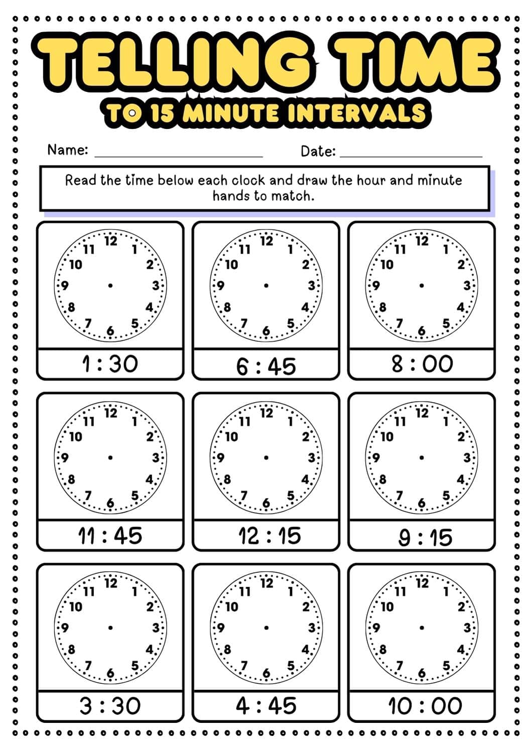Free Telling Time to the Quarter Hour Worksheets - Teach Prints