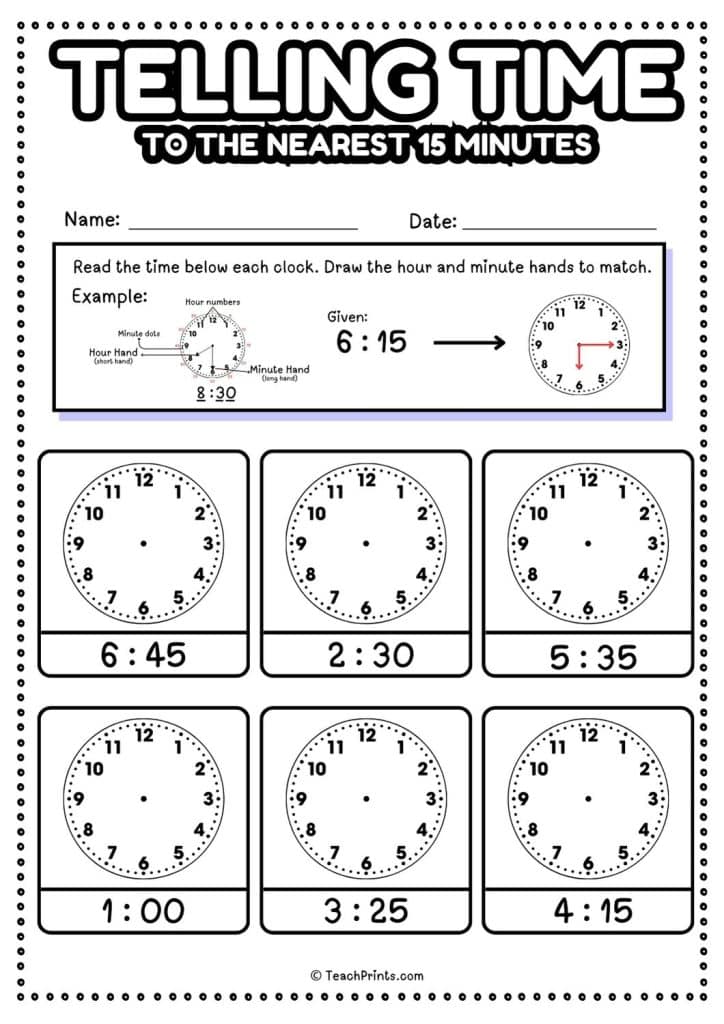 Free Telling Time to the Quarter Hour Worksheets - Teach Prints