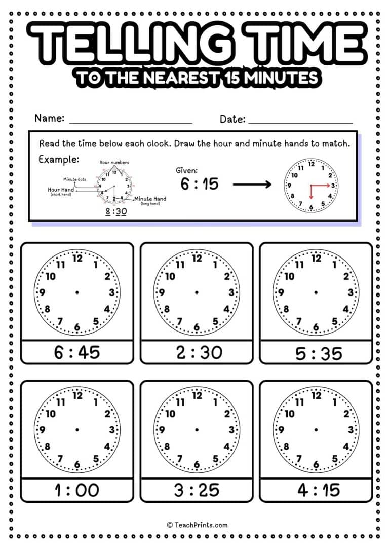 Free Telling Time to the Quarter Hour Worksheets - Teach Prints