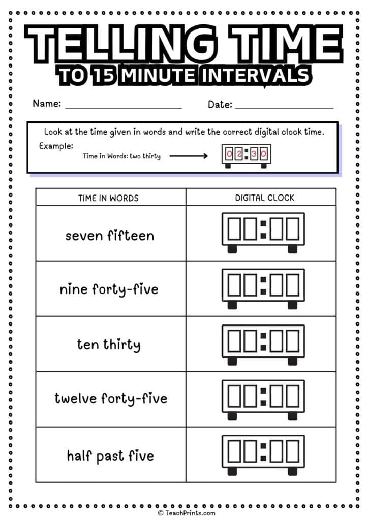 Free Telling Time to the Quarter Hour Worksheets - Teach Prints