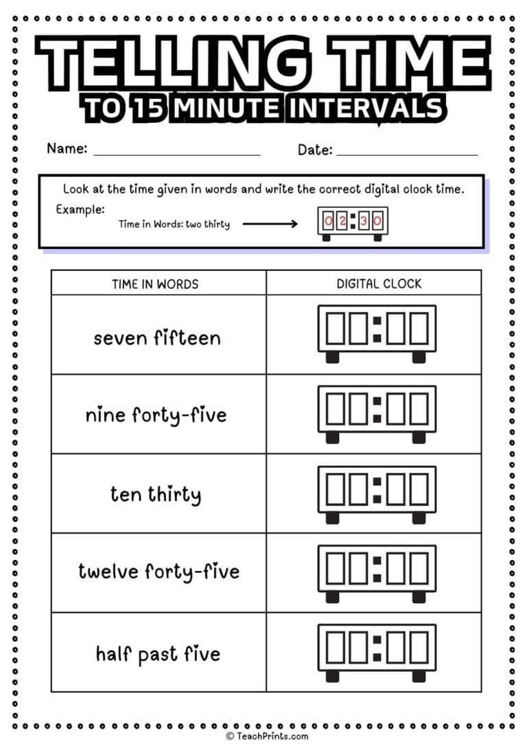 Free Telling Time to the Quarter Hour Worksheets - Teach Prints