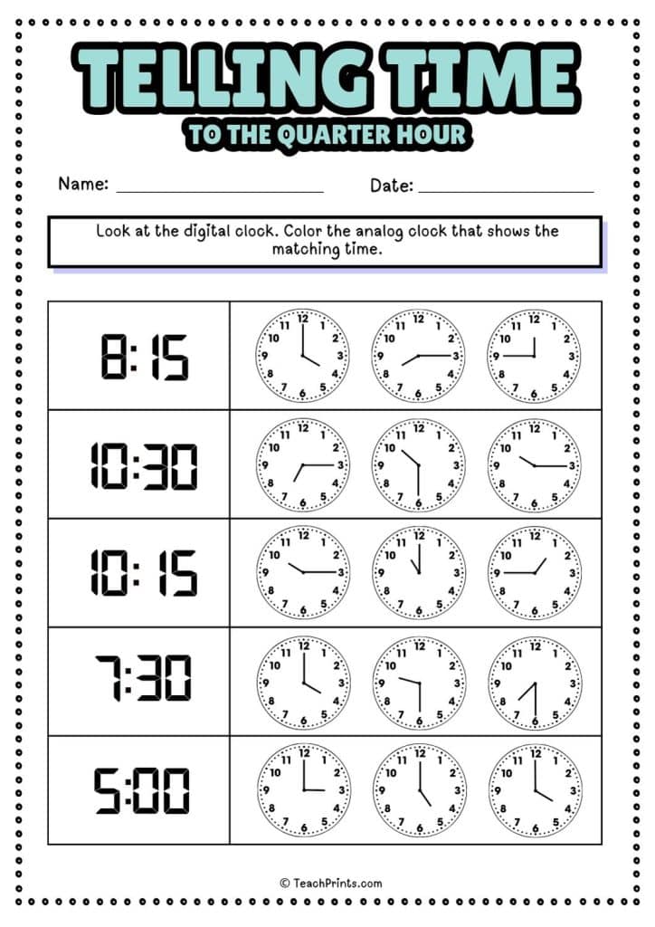 Free Telling Time to the Quarter Hour Worksheets - Teach Prints
