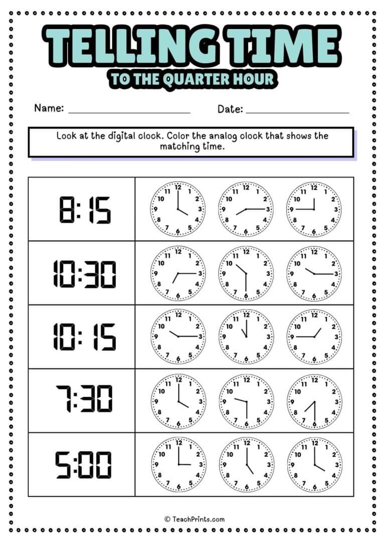 Free Telling Time to the Quarter Hour Worksheets - Teach Prints