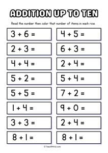 Free Addition to 10 Worksheets - Teach Prints