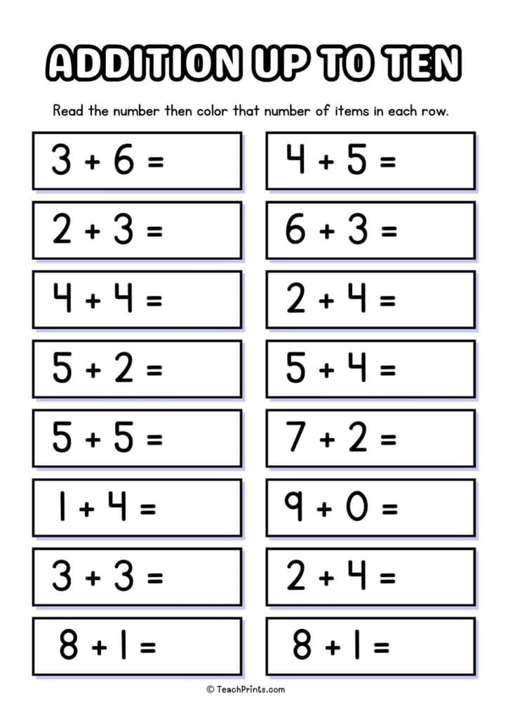 Free Addition to 10 Worksheets - Teach Prints