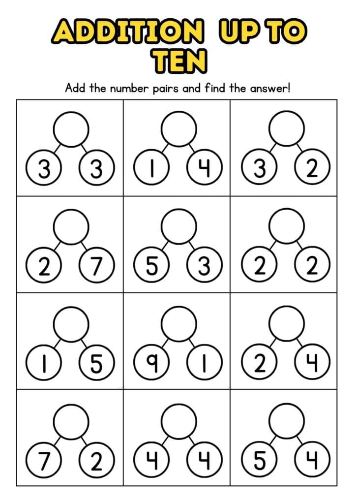 Free Addition to 10 Worksheets - Teach Prints