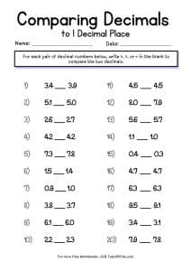 Free Comparing Decimals Worksheets - Teach Prints